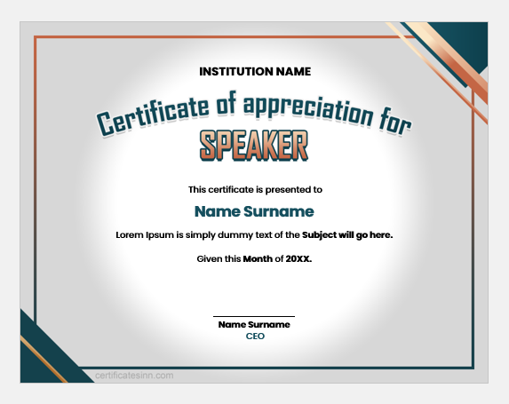Certificate Of Appreciation For Speaker Edit Text Print